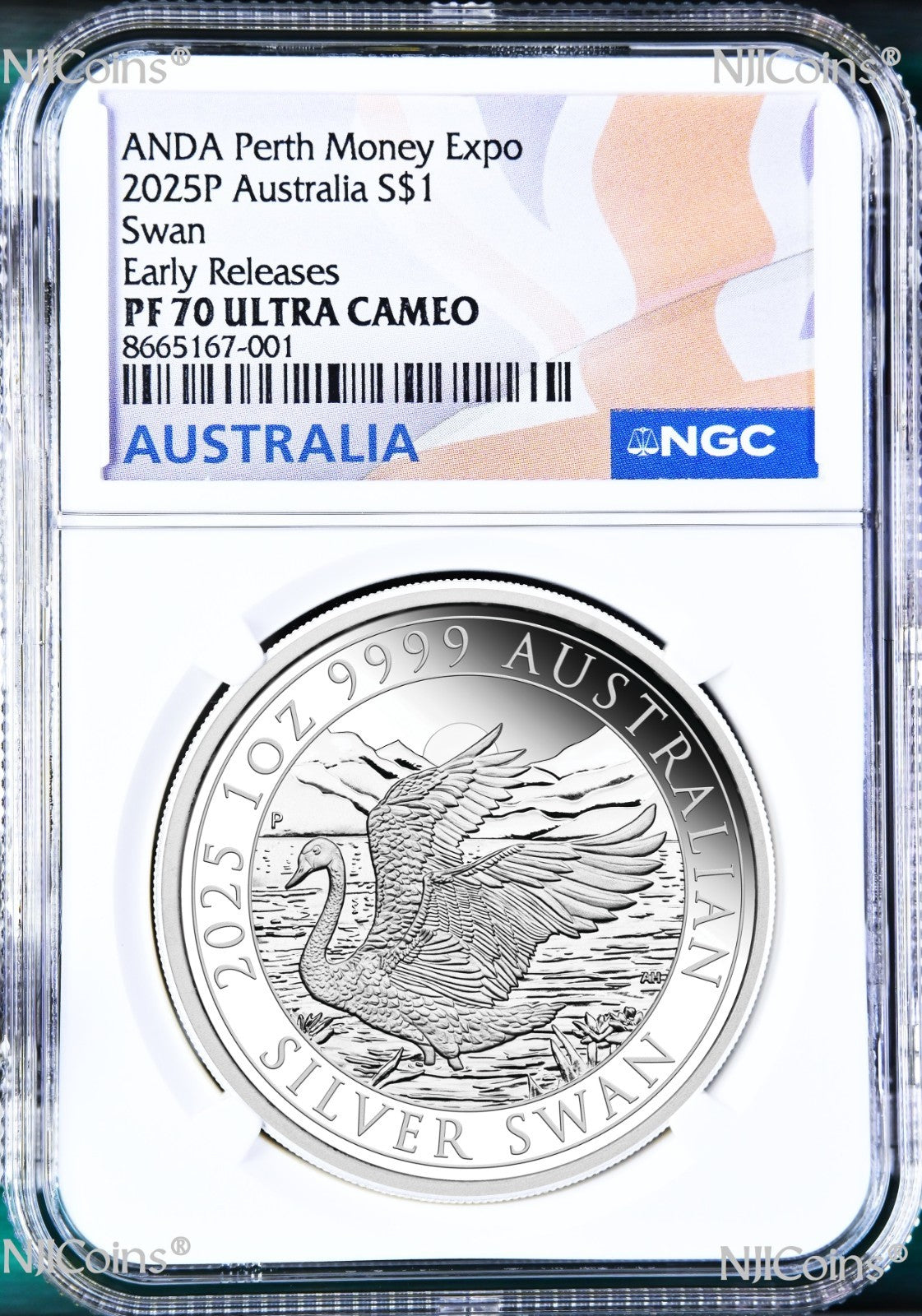 2025 ANDA PERTH MONEY EXPO AUSTRALIAN SWAN NGC PF 70 1oz $1 .9999 Silv ...