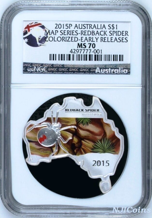 Australia MAP SHAPED COIN REDBACK Spider 2015 1 oz Silver Coin NGC MS7 ...