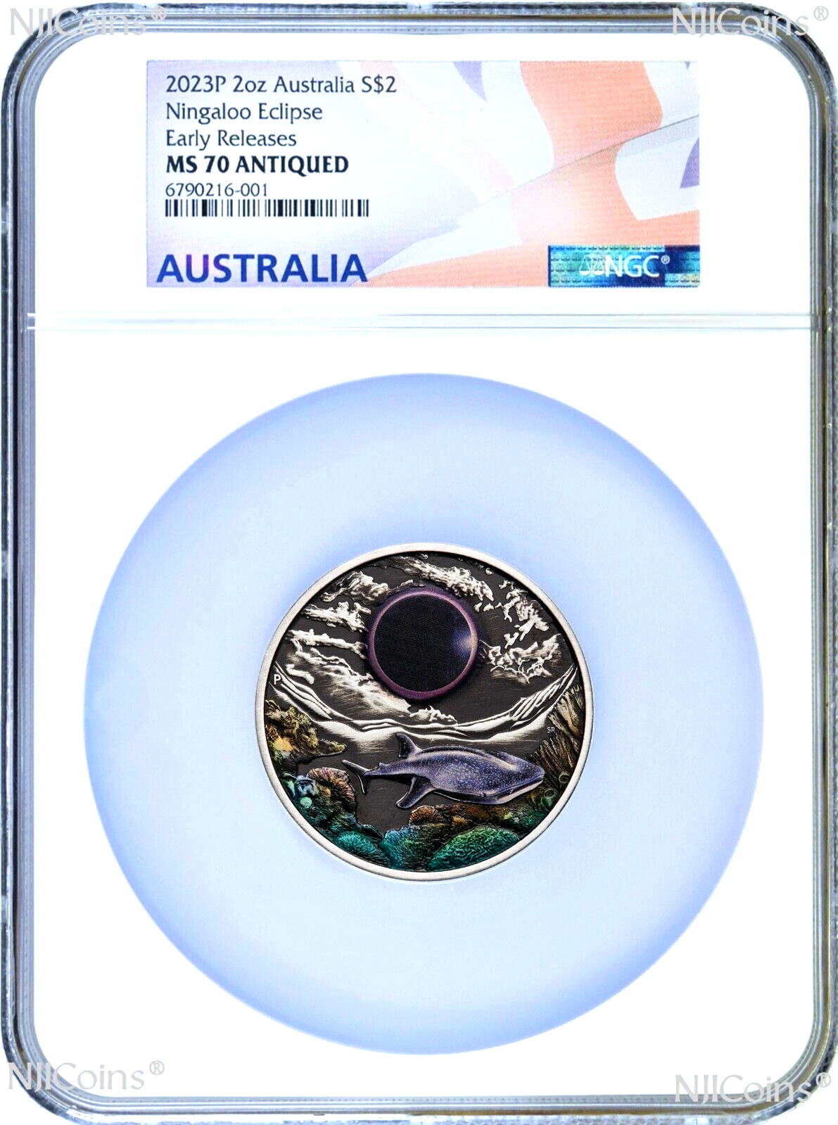 2023 Ningaloo Eclipse 2oz Silver Antiqued Colored Coin NGC MS70 ER Fla ...